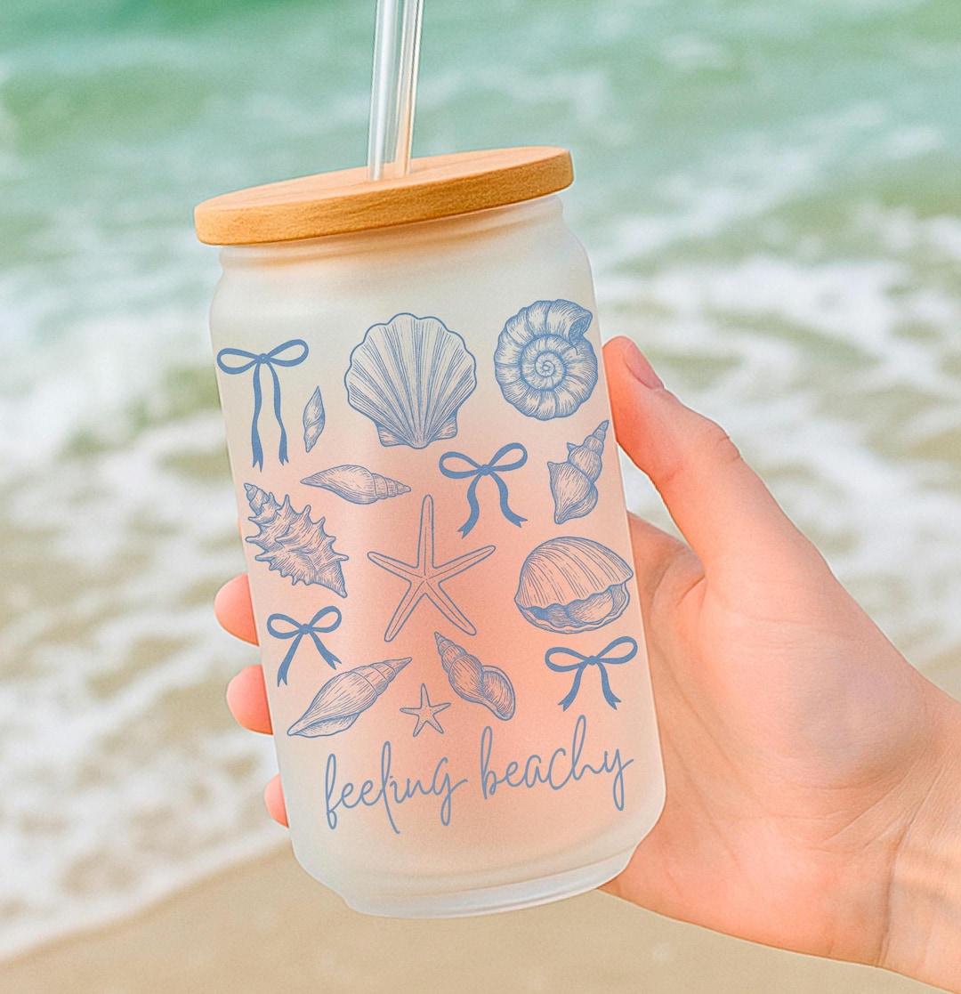 Feeling Beachy Seashell Can Glass, Coastal Toile De Jouy Class ...