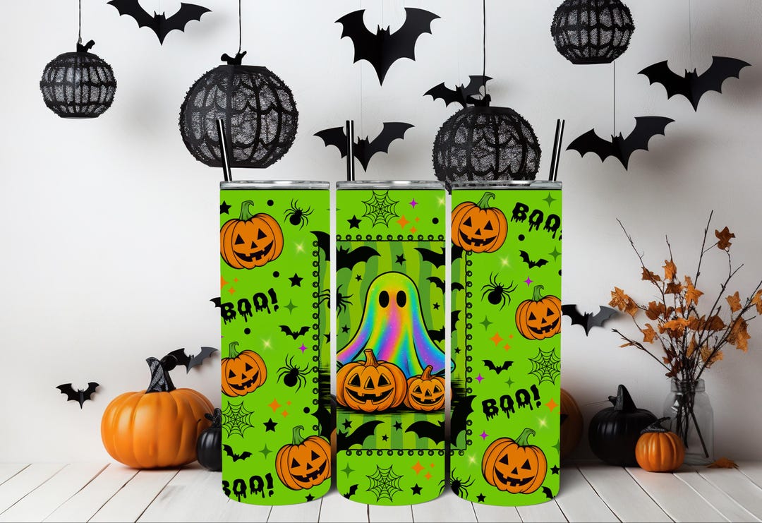 Halloween Ghost & Pumpkin Tumbler, Neon Spooky Season Tumbler ...