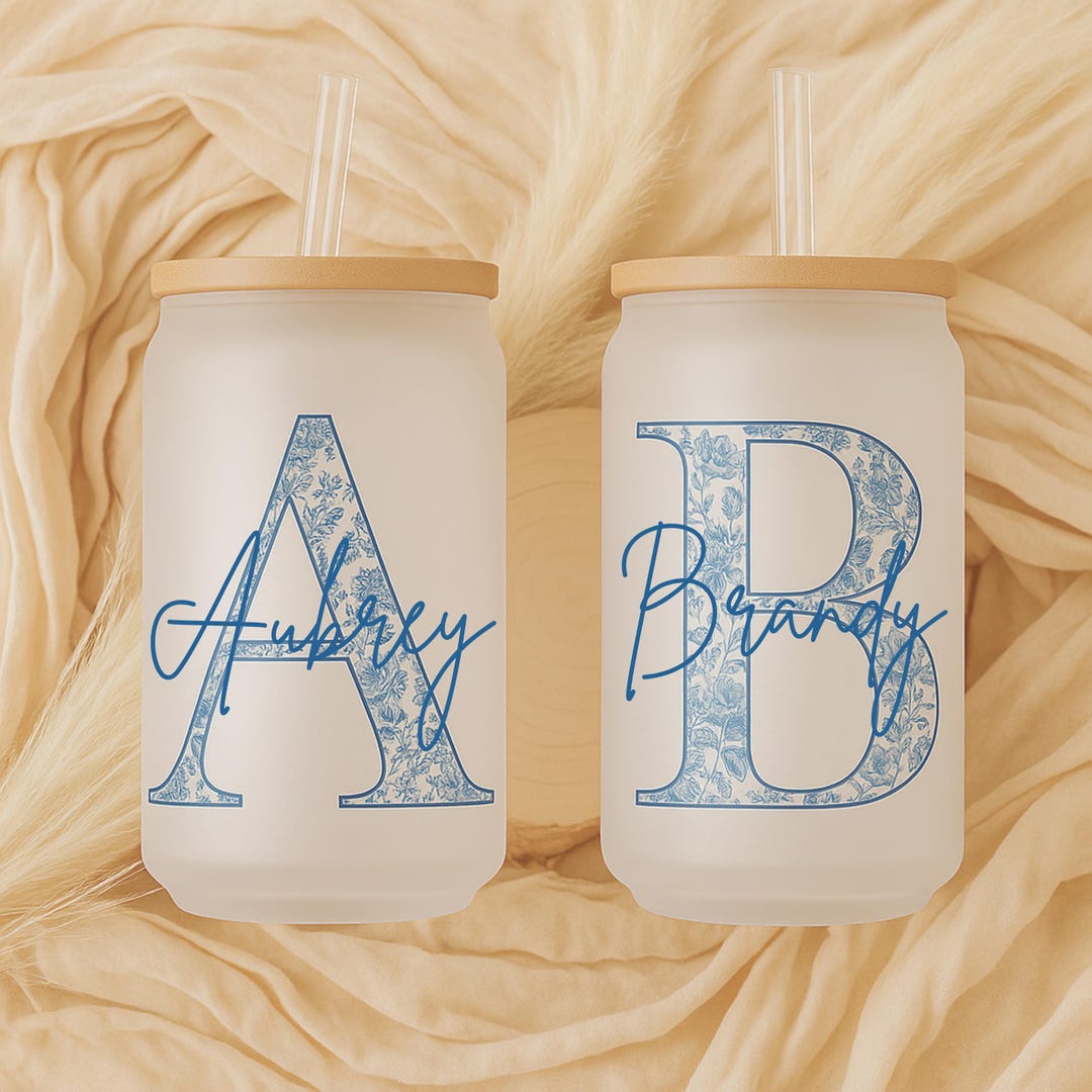 Blue Floral Toile De Jouy Monogram Glass Can, Blue Floral Glass Tumbler ...