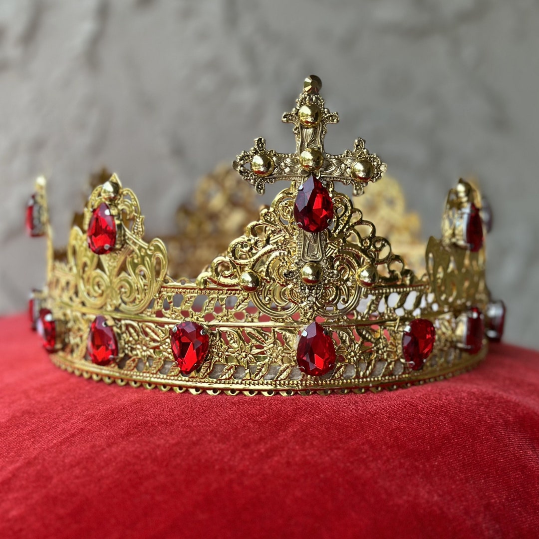 Handmade Medieval King Crown: Gold Cross, Red Jewels Custom - Etsy