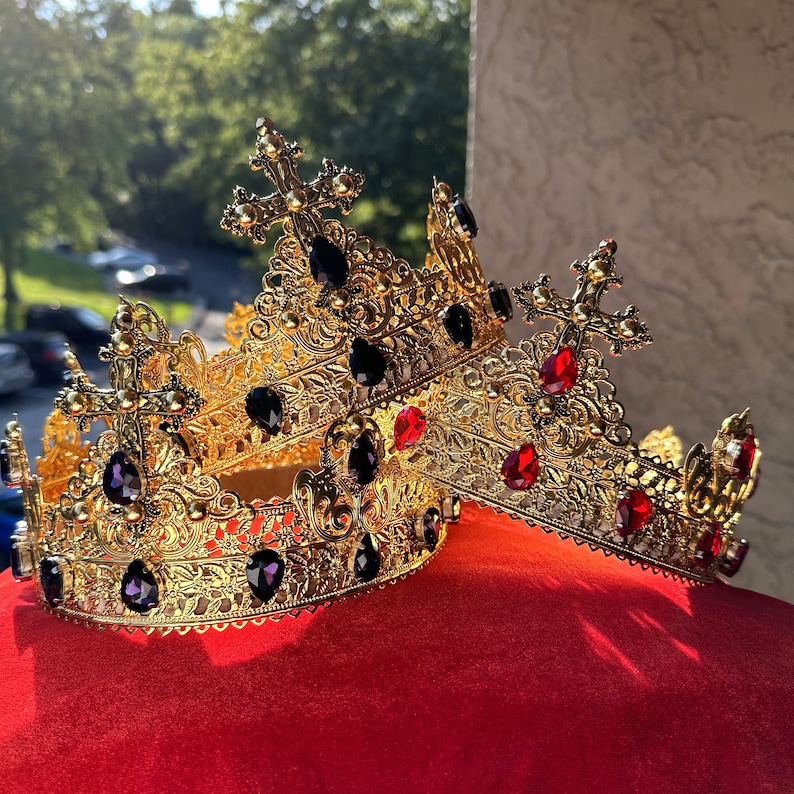Handmade Medieval King Crown: Gold Cross, Red Jewels Custom - Etsy