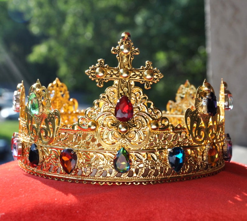 Handmade Medieval King Crown: Gold Cross, Red Jewels Custom - Etsy