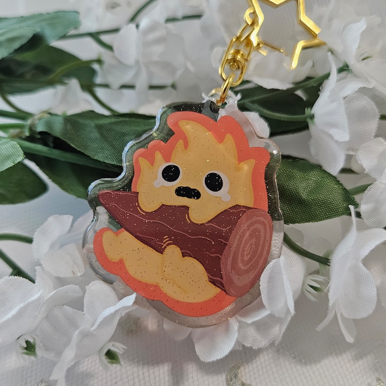 Fire Demon Calcifer Teary Howl Anime Keychain Cute Acrylic Glitter ...