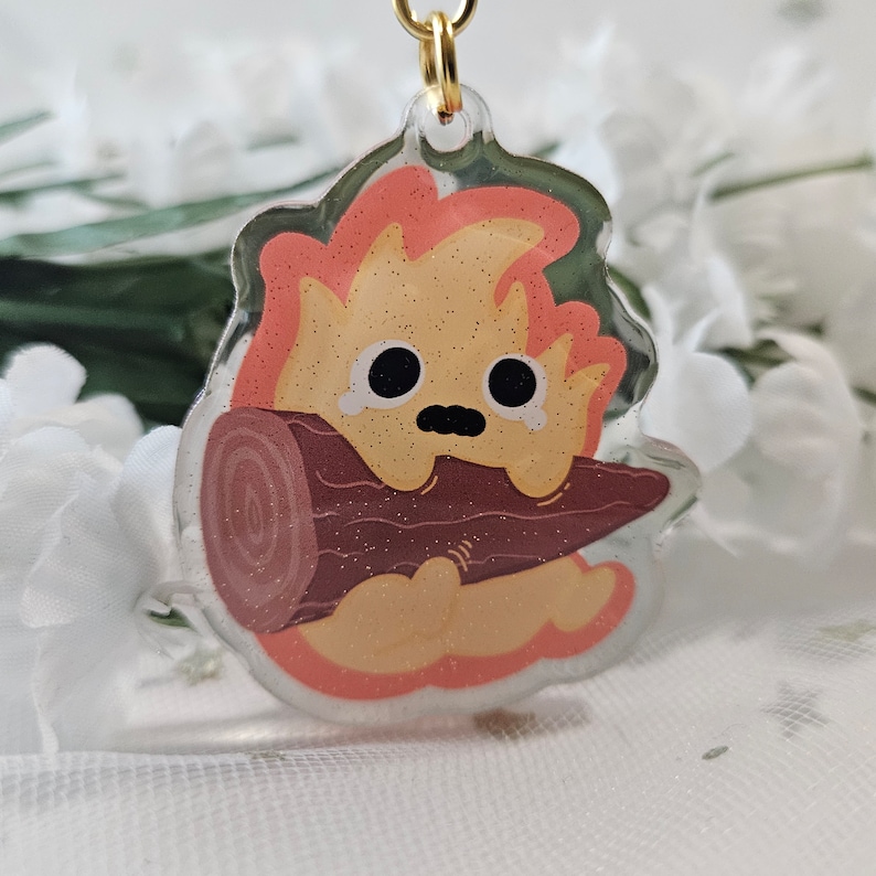 Fire Demon Calcifer Teary Howl Anime Keychain Cute Acrylic Glitter ...