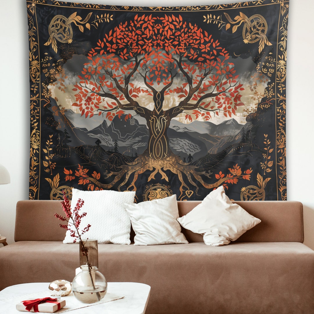 Tree of Yggdrasil Tapestry Wall Hanging, Norse Viking Tapestry Wall Art ...