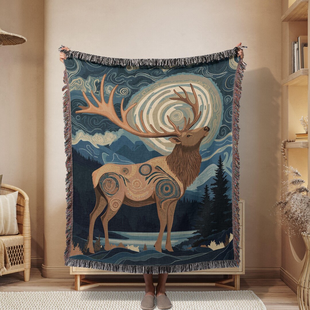 Mystical Stag Woven Blanket Nature Tapestry Throw Fantasy Deer Blanket ...