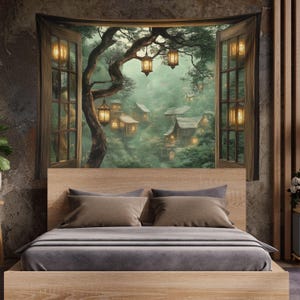 Elven Village Window Tapestry Botanical Elven Fantasy Tapestry Sage ...