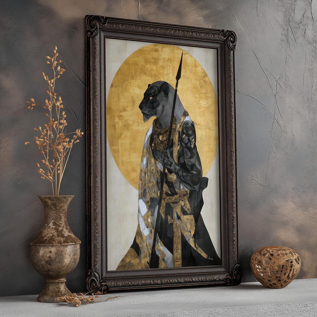 Anhur Egyptian Lion God Matte Print Gold and Black Egyptian Lion God ...