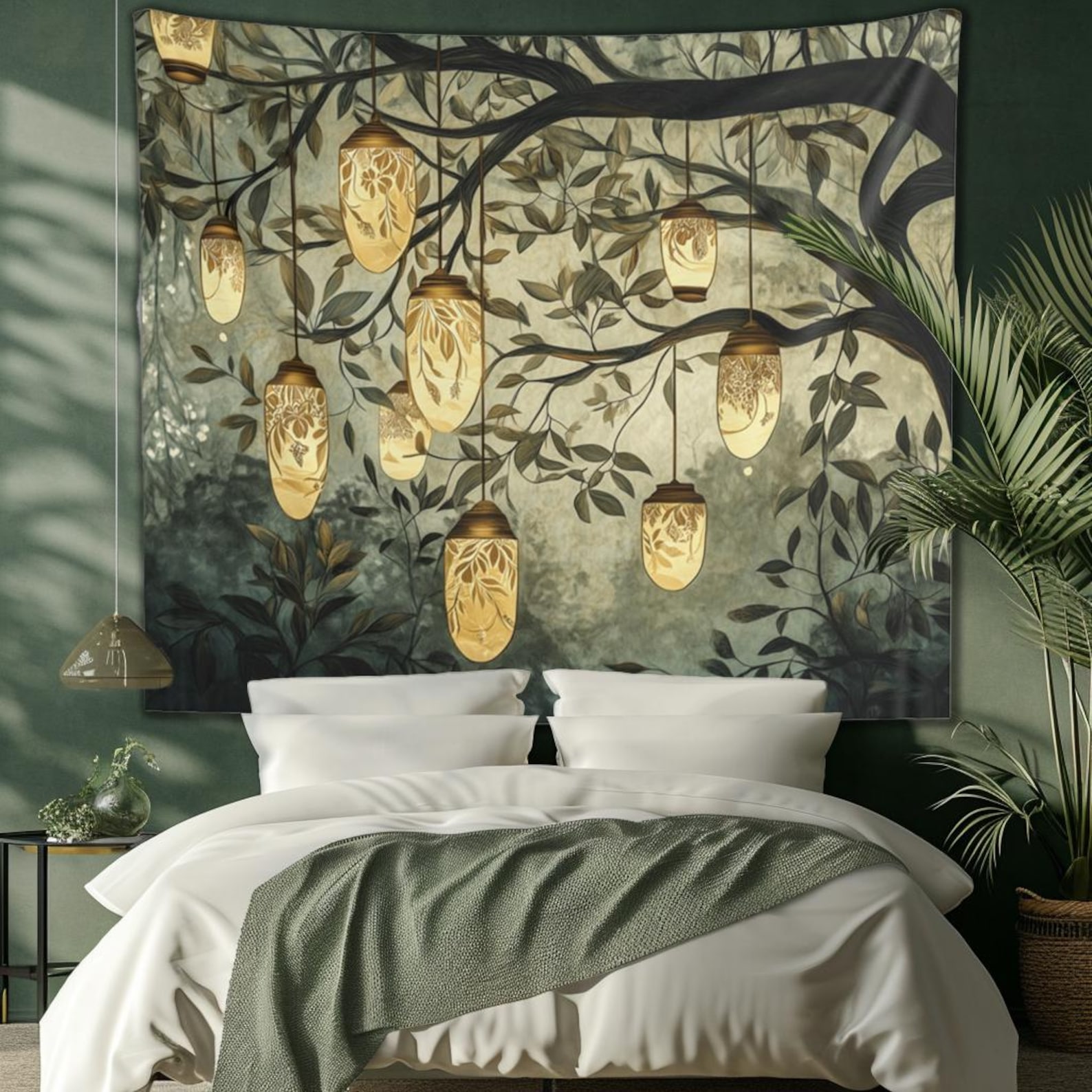 Elven Lanterns Fantasy Tapestry Botanical Fantasy Tapestry Green Earthy ...