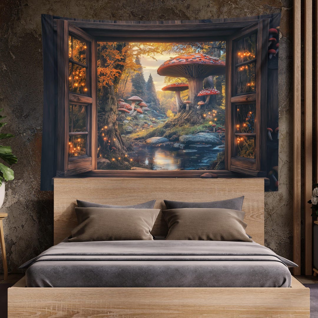 Enchanted Window Mushroom Forest Tapestry Colorful Mushroom Tapestry ...