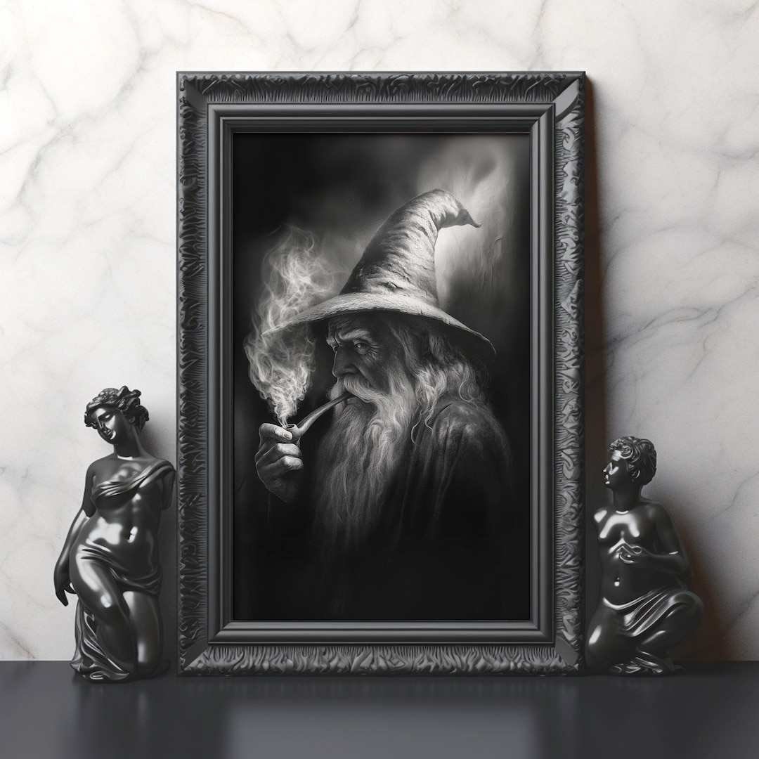Wise Wizard Smoking Pipe Matte Print Black and White Wizard Art Print ...