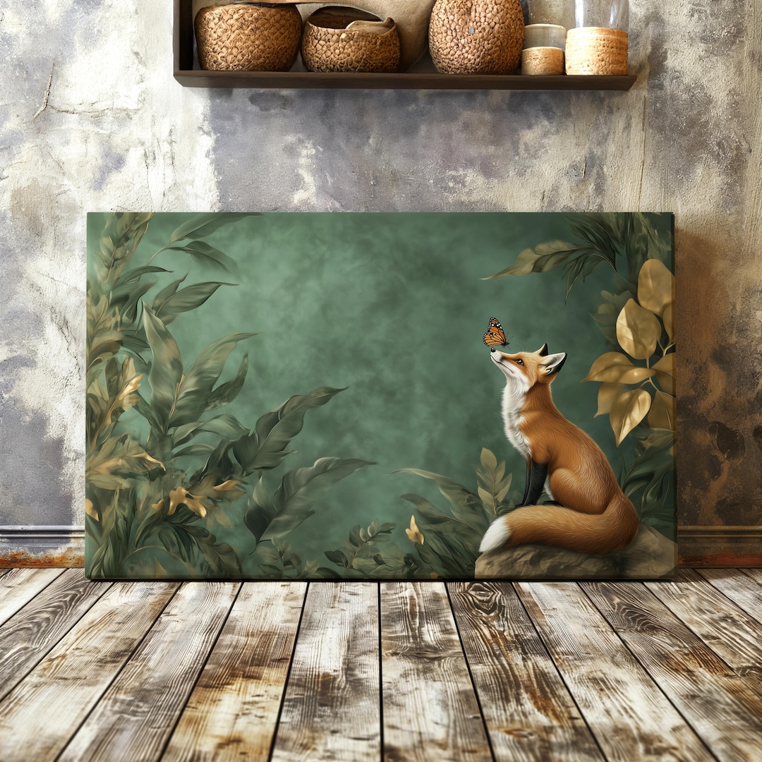 Whimsical Fox and Butterfly Fantasy Canvas Print Green and Gold ...