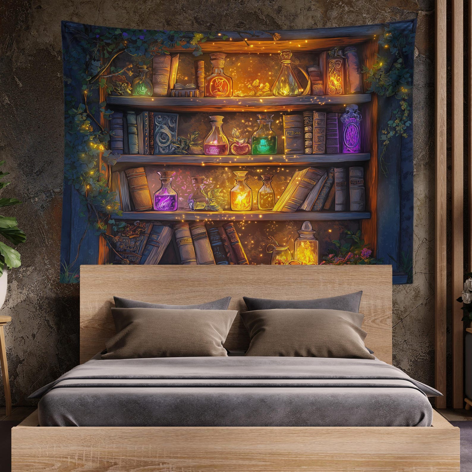 Enchanted Bookshelf Tapestry Art Fantasy Bookshelf Colorful Botanical ...