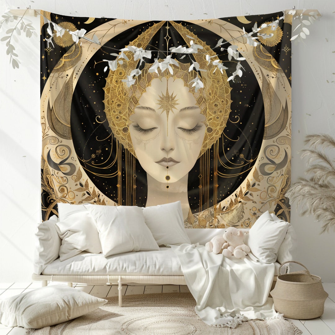 Celestial Moon Goddess Tapestry - Divine Wall Art for Cosmic Decor - Moon, Stars, Spiritual ...