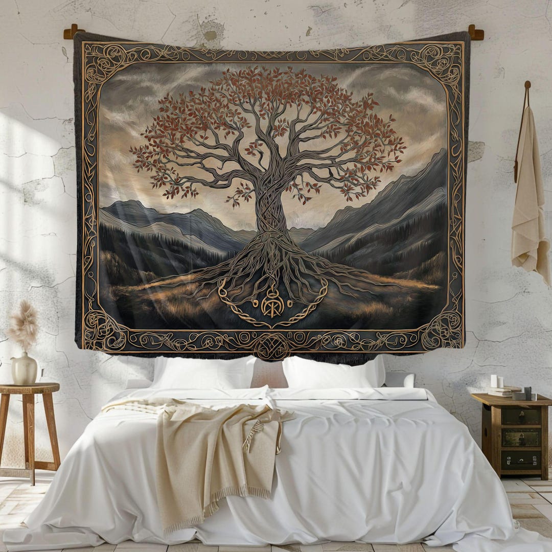 Tree of Yggdrasil Tapestry Wall Hanging, Norse Viking Tapestry Wall Art ...