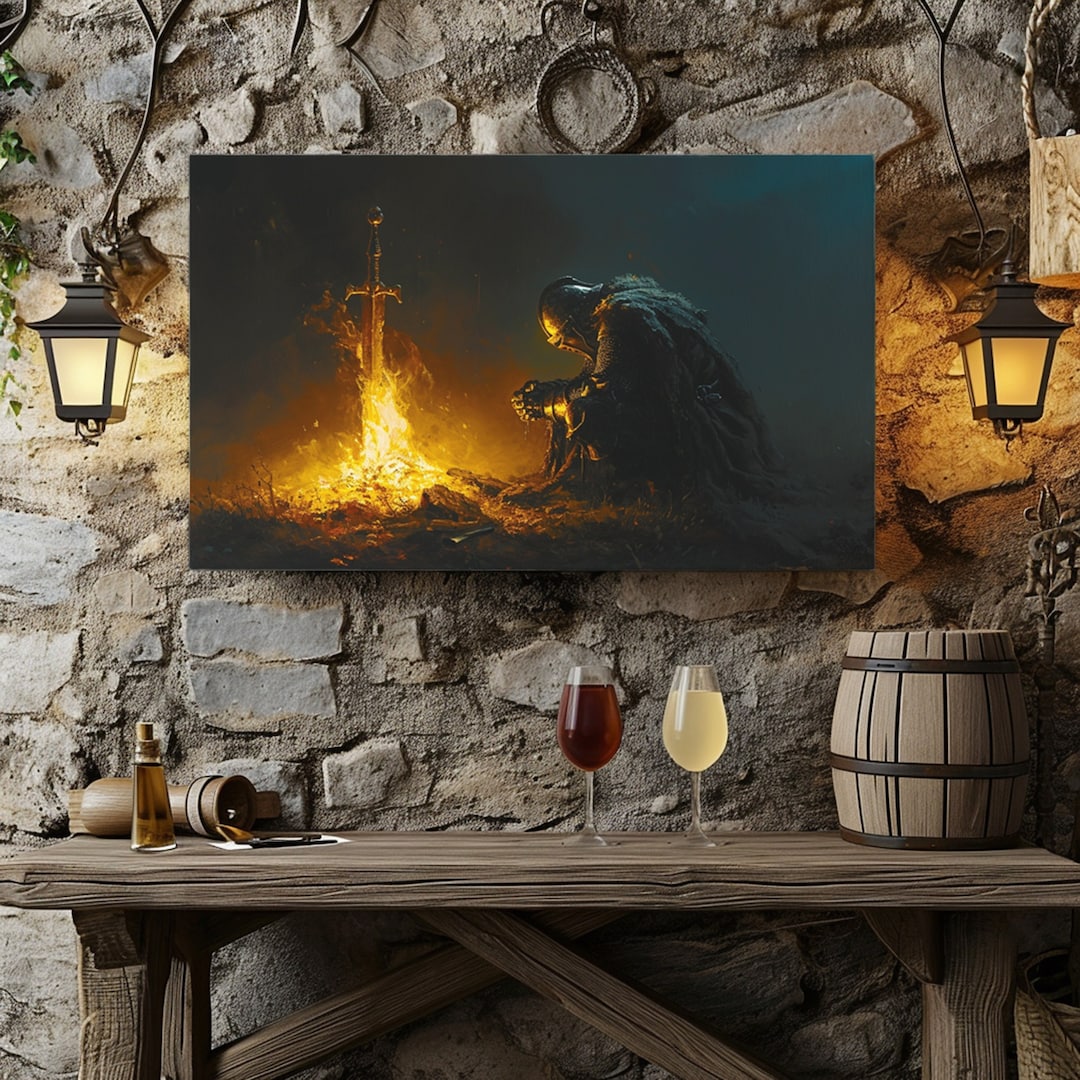 Rest at Bon Fire Canvas Art, Video Game Fantasy Style Art, Knight ...