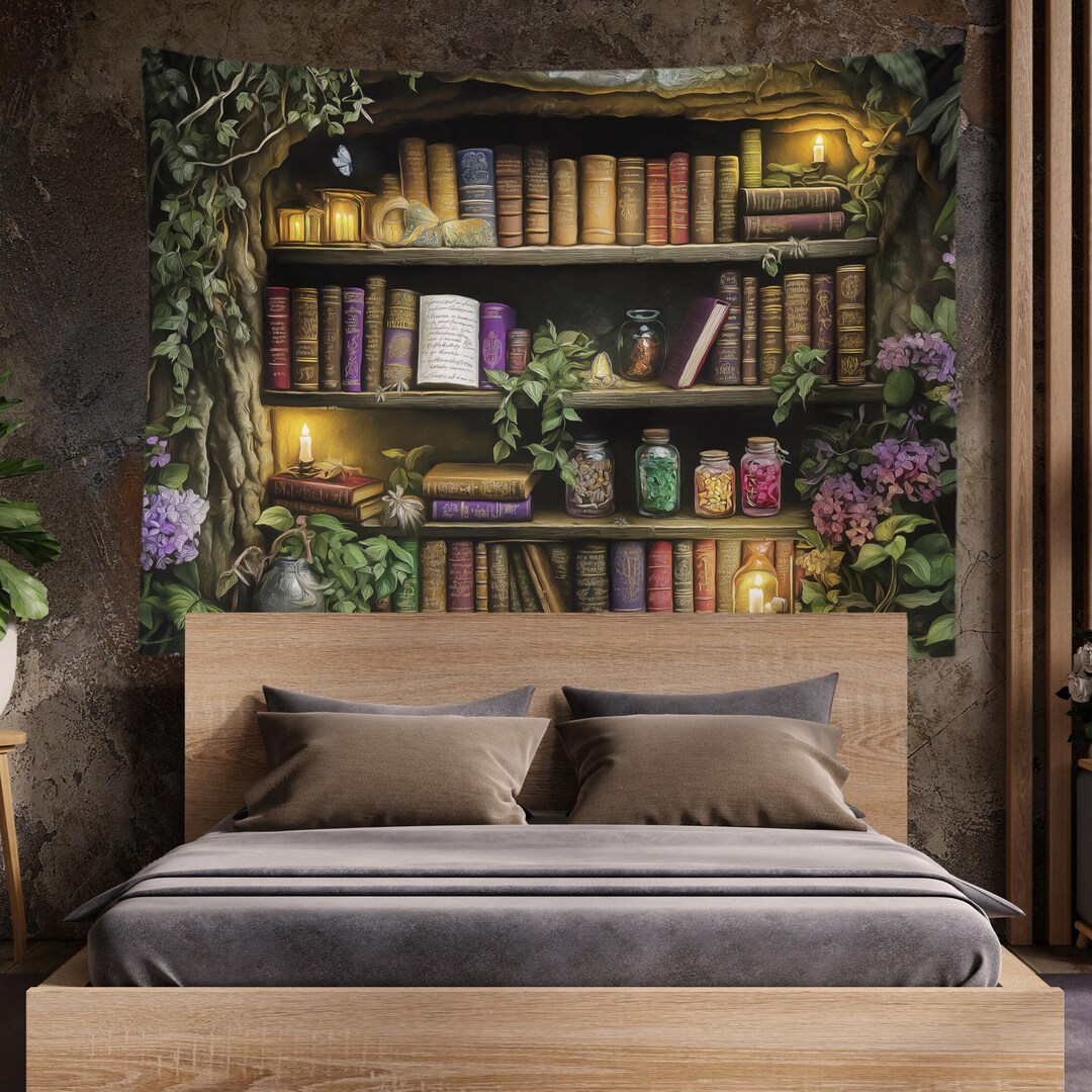 Enchanted Bookshelf Tapestry Art Fantasy Bookshelf Colorful Botanical ...