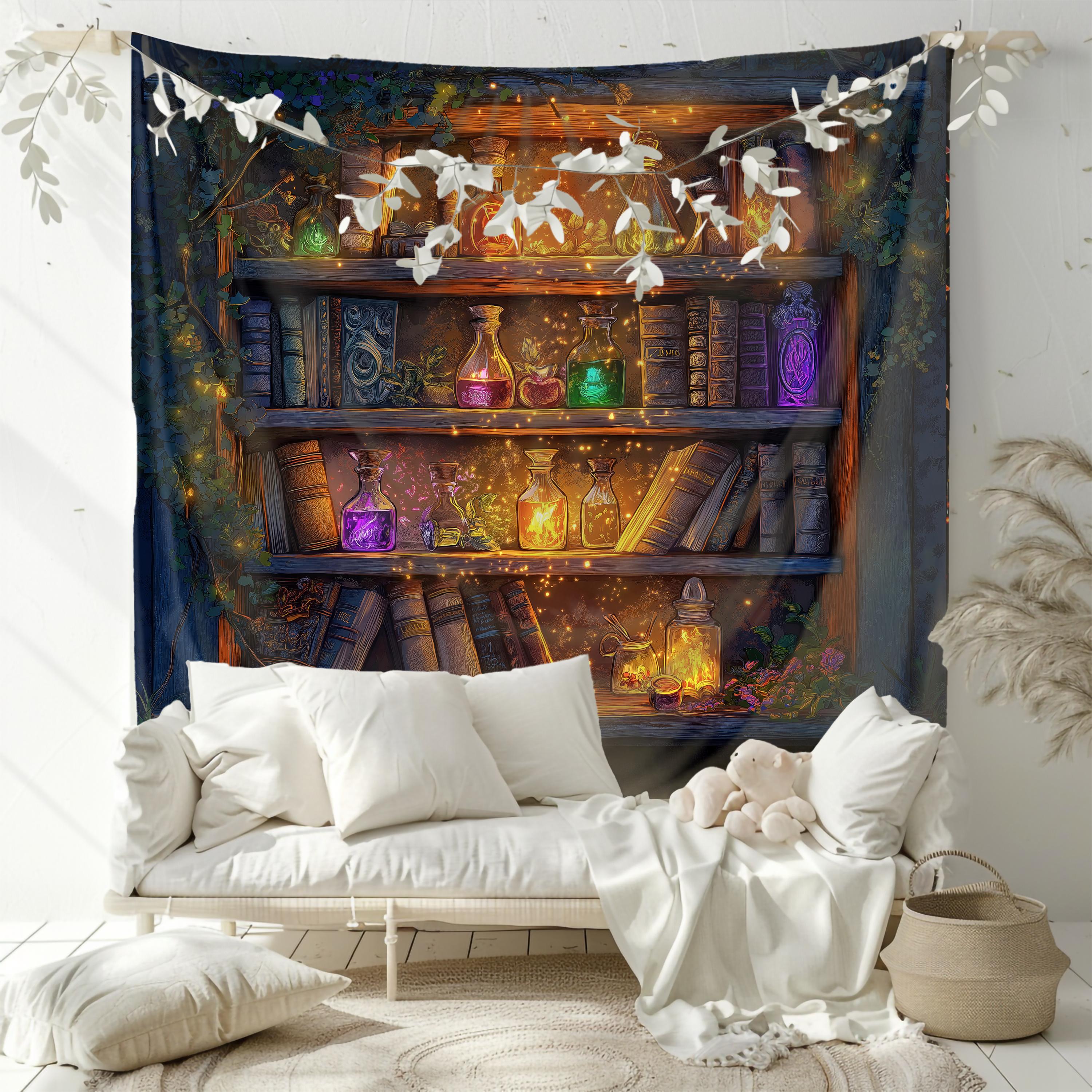 Enchanted Bookshelf Tapestry Art Fantasy Bookshelf Colorful Botanical ...