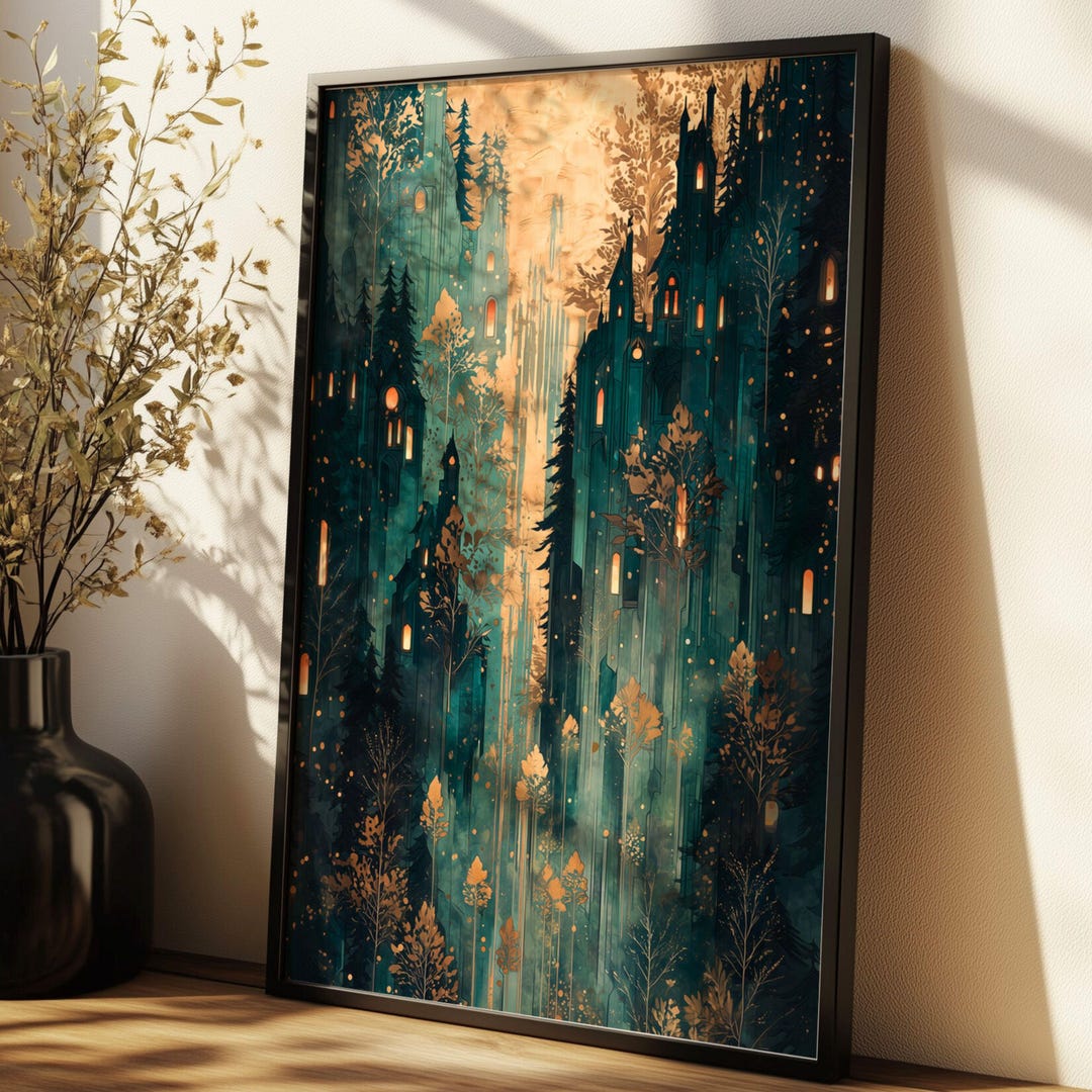 Elven Forest City Print Nyriel Wall Art Fantasy Woodland Lantern Poster ...