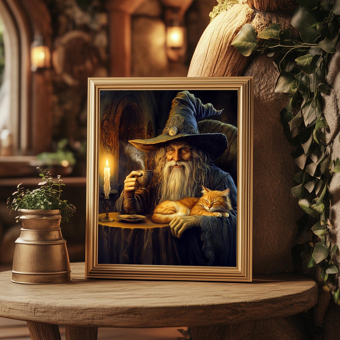 Wizard and Cat Tea Time Matte Print Wizard Fantasy Wall Decor Whimsical ...