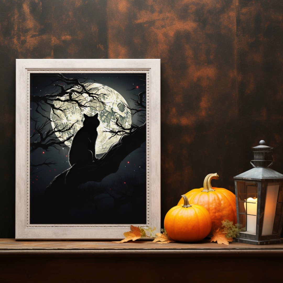 Halloween Black Cat and Moon Matte Print for Framing Home Decor, Black ...