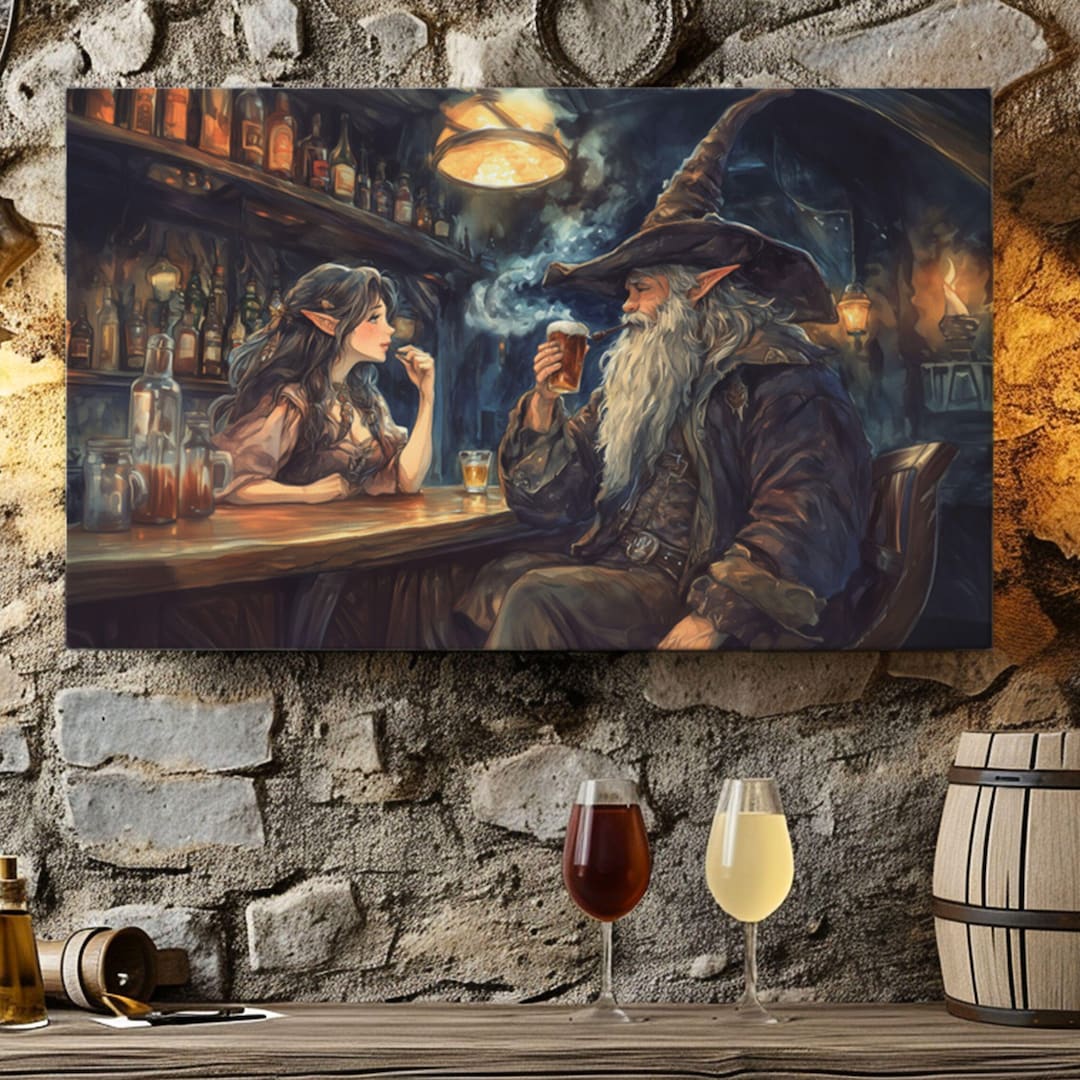 Wizard in Pub Wrapped Canvas Print Fantasy Pub Wall Art Cute Wizard and ...