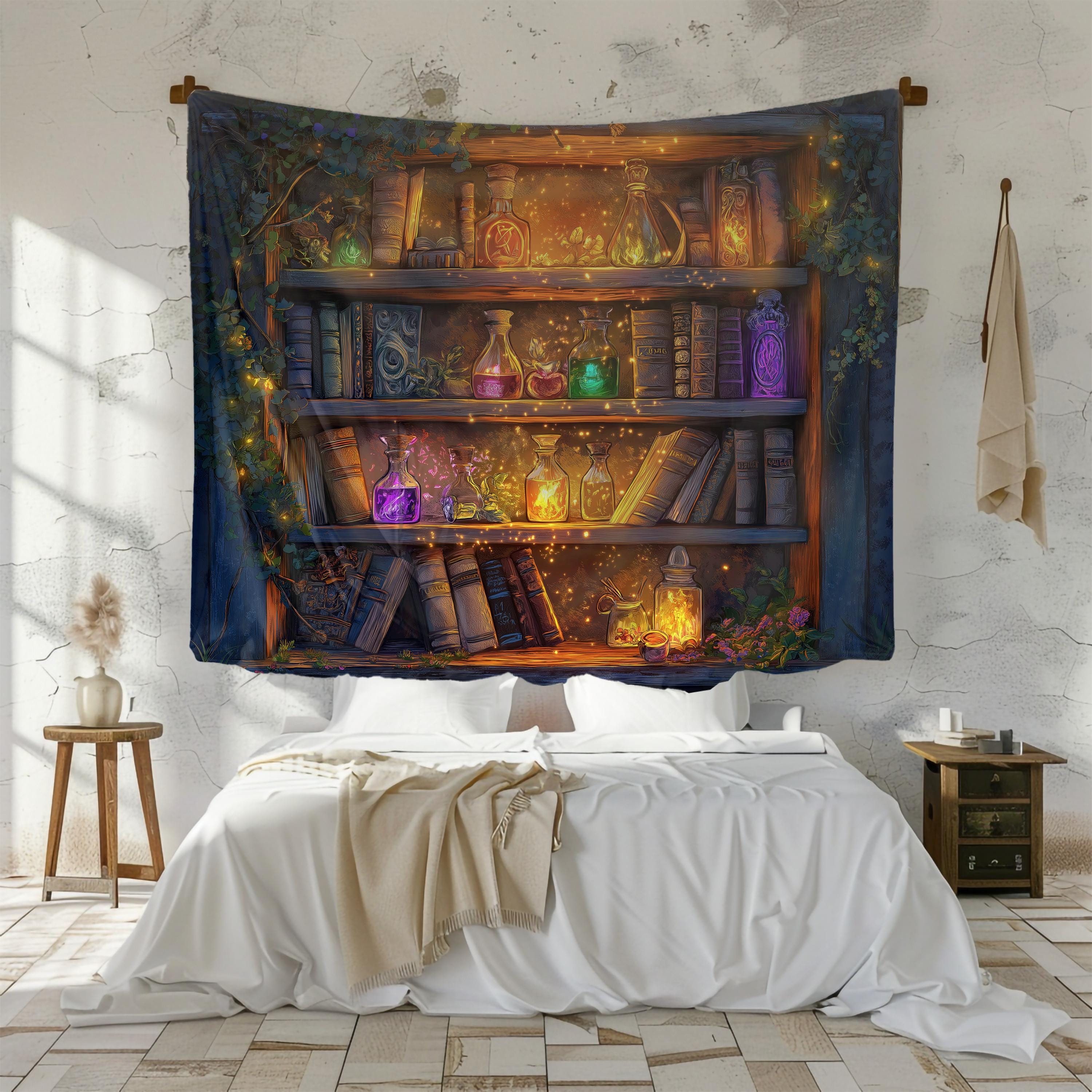 Enchanted Bookshelf Tapestry Art Fantasy Bookshelf Colorful Botanical ...