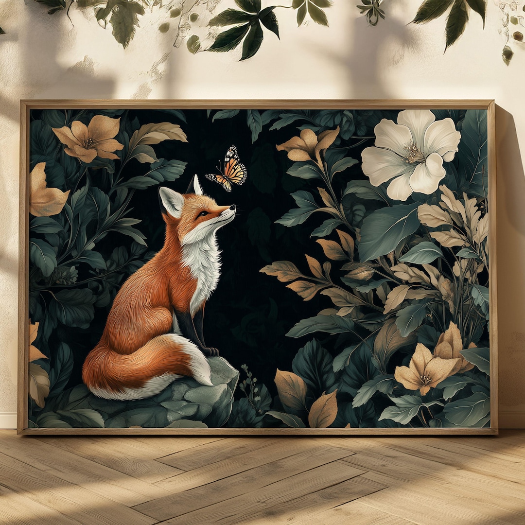 Whimsical Fox and Butterfly Fantasy Matte Print Green and Gold ...