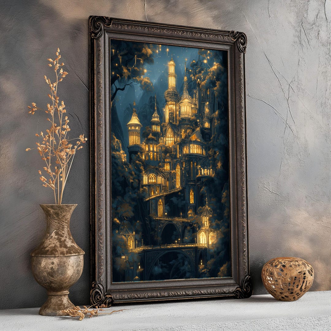 Elven Tree City Fantasy Art Print Glowing Magical Forest Architecture ...