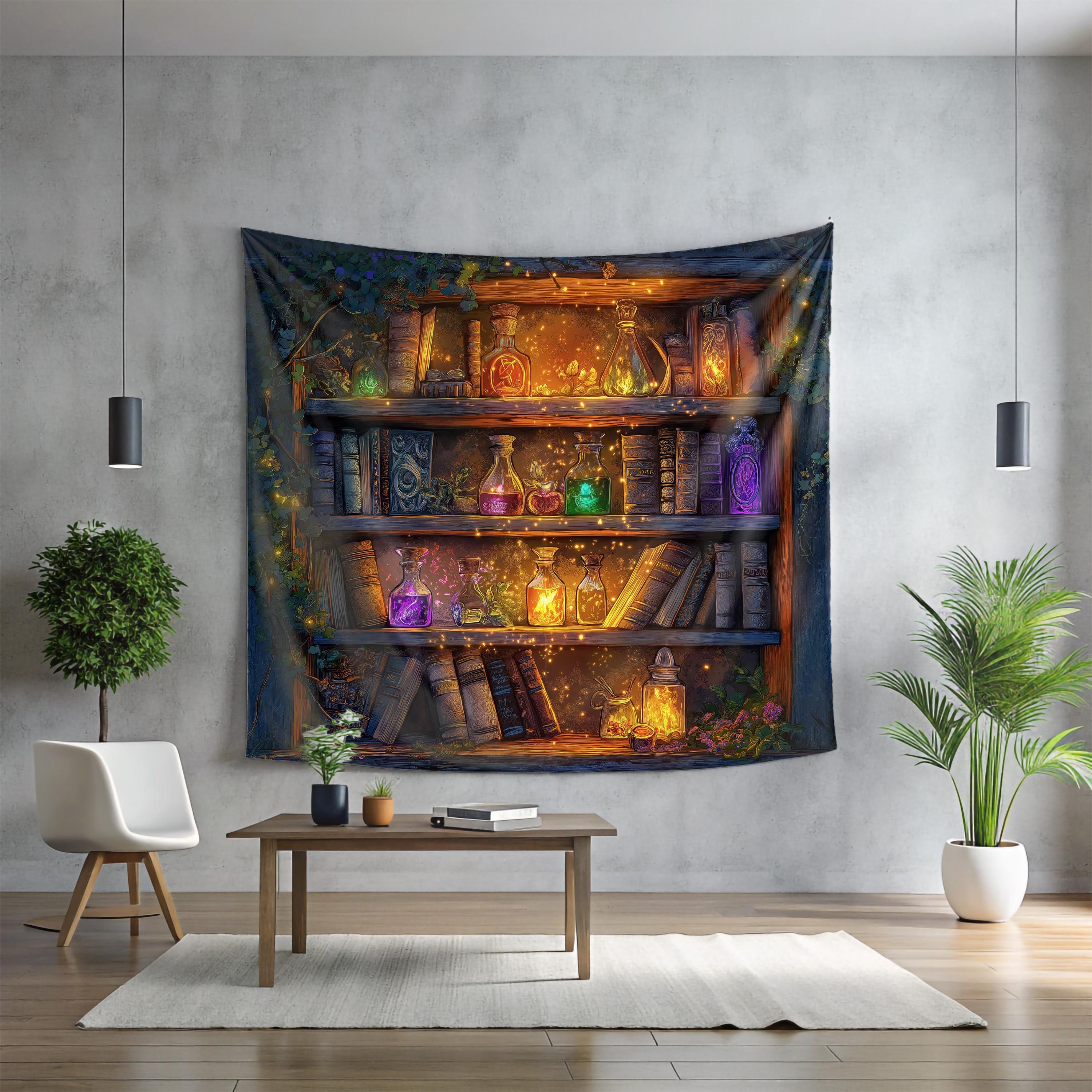 Enchanted Bookshelf Tapestry Art Fantasy Bookshelf Colorful Botanical ...