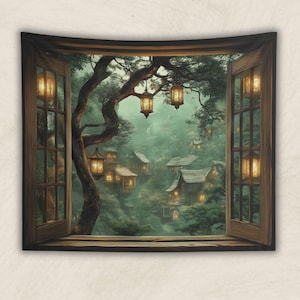 Elven Village Window Tapestry Botanical Elven Fantasy Tapestry Sage ...