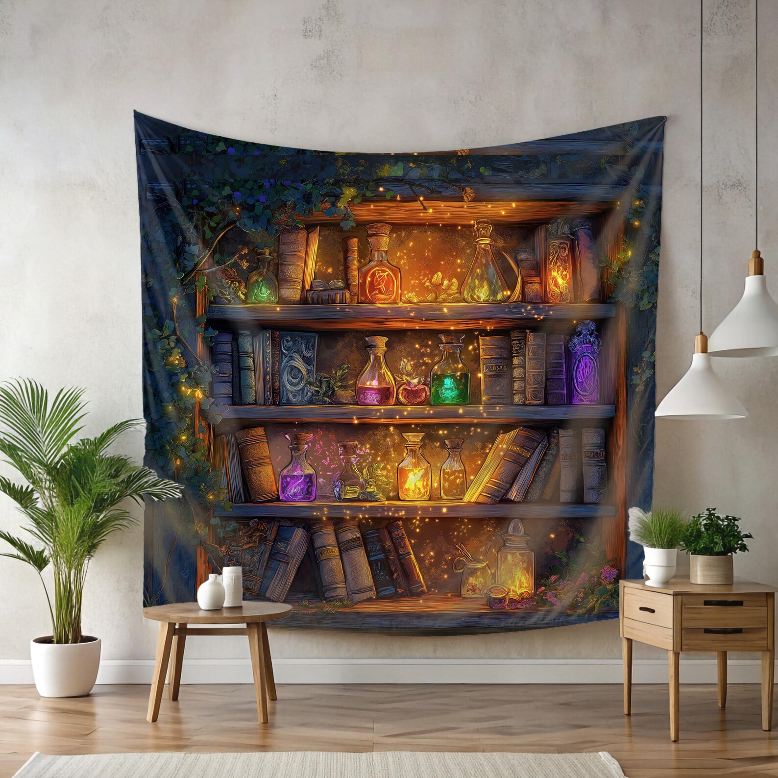 Enchanted Bookshelf Tapestry Art Fantasy Bookshelf Colorful Botanical ...