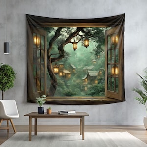 Elven Village Window Tapestry Botanical Elven Fantasy Tapestry Sage ...