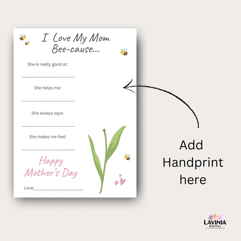 Mother’s Day Handprint Craft Printable, I Love My Mom Bee-cause, Kids ...