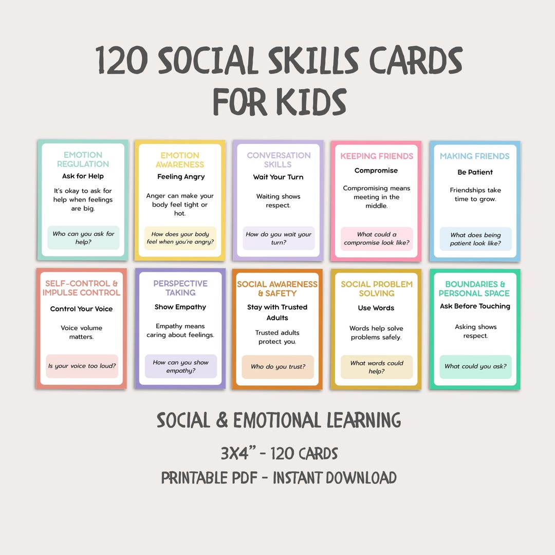 Social Skills Cards for Kids | 120 Printable Social & Emotional ...