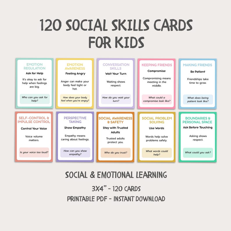 Social Skills Cards for Kids | 120 Printable Social & Emotional ...