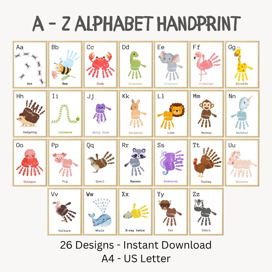 Alphabet Handprint Art A-Z Printable, ABC Handprint Animals, Toddler ...