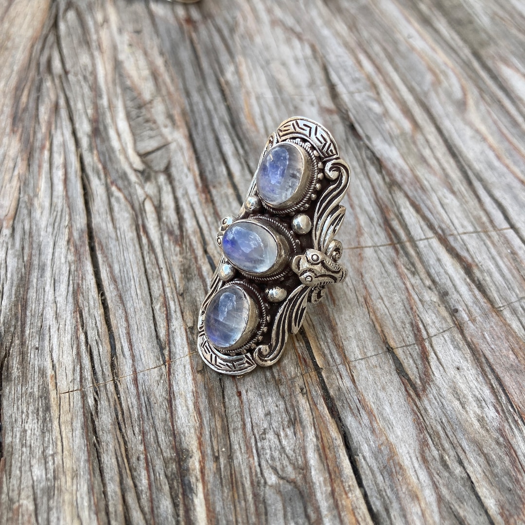 Moonstone Three Stone Ring 925 Sterling Silver Ring Long Large ...