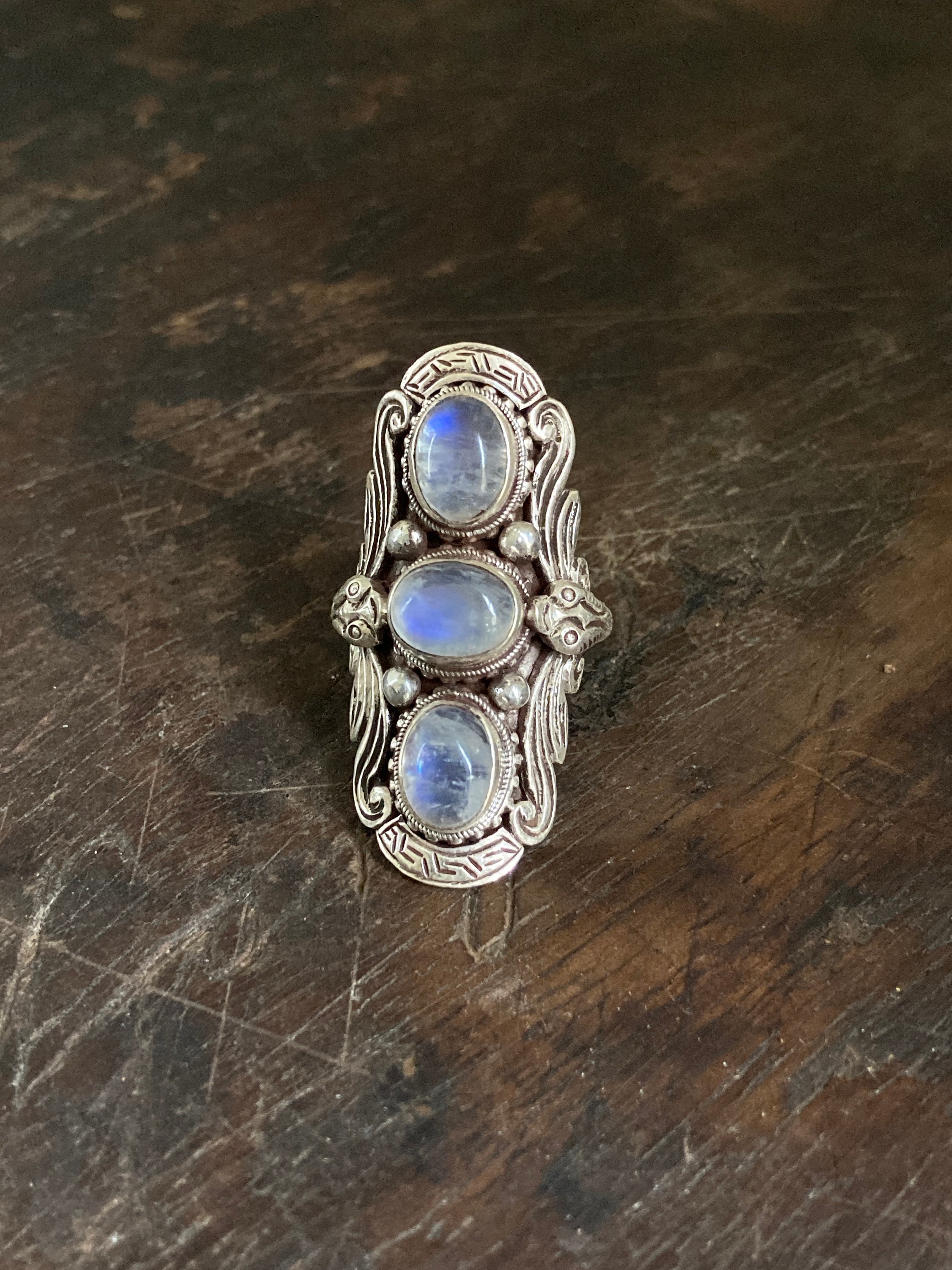 Moonstone Three Stone Ring 925 Sterling Silver Ring Long Large ...