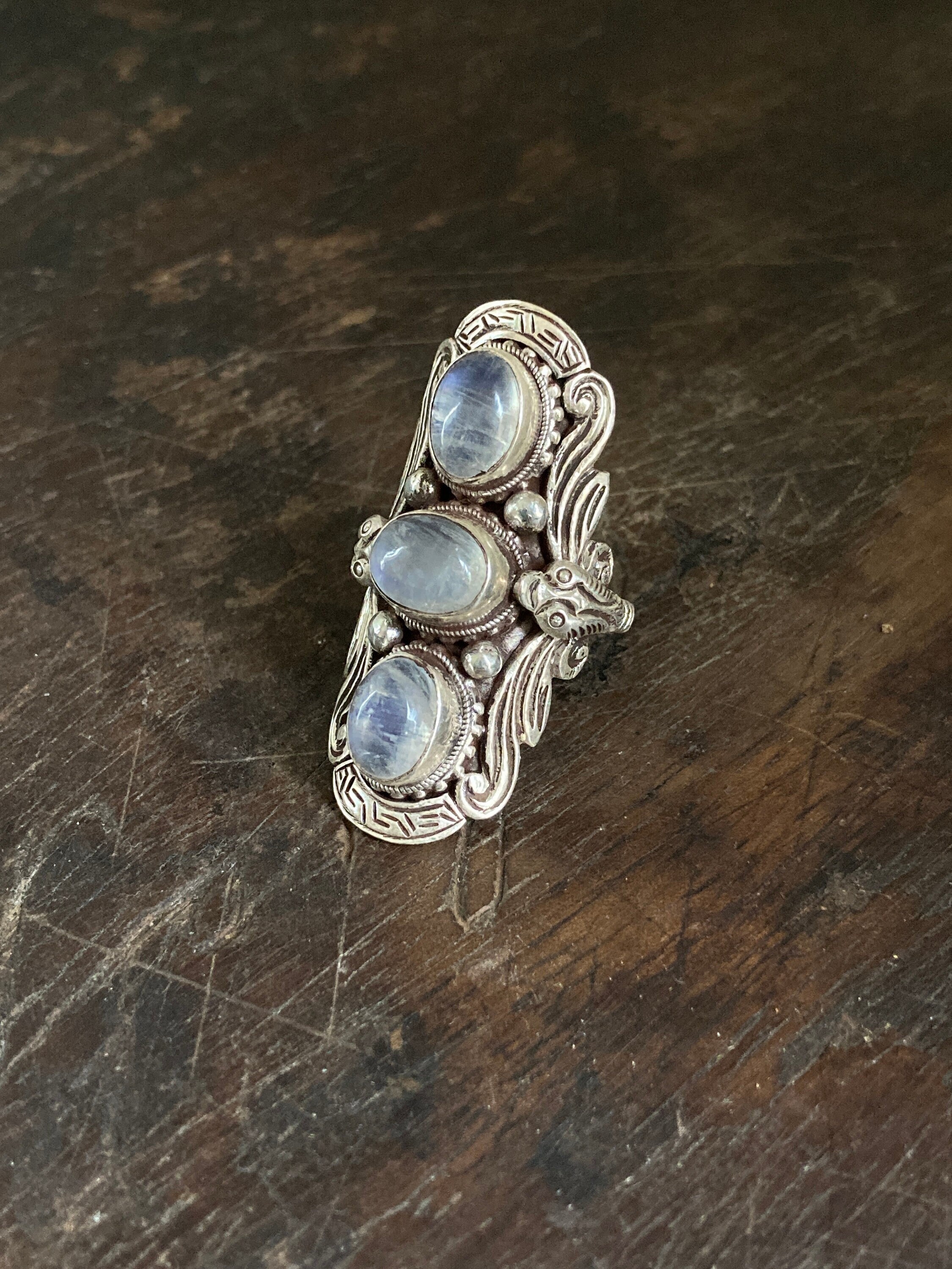 Moonstone Three Stone Ring 925 Sterling Silver Ring Long Large ...