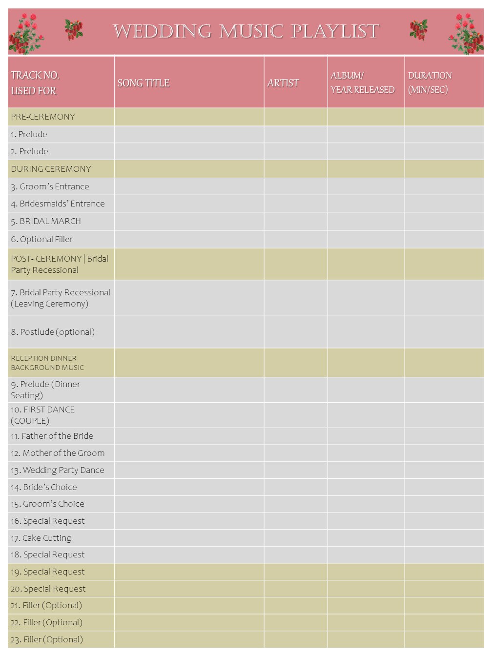 A3 Paper Size Wedding Playlist (digital Printable Download ...