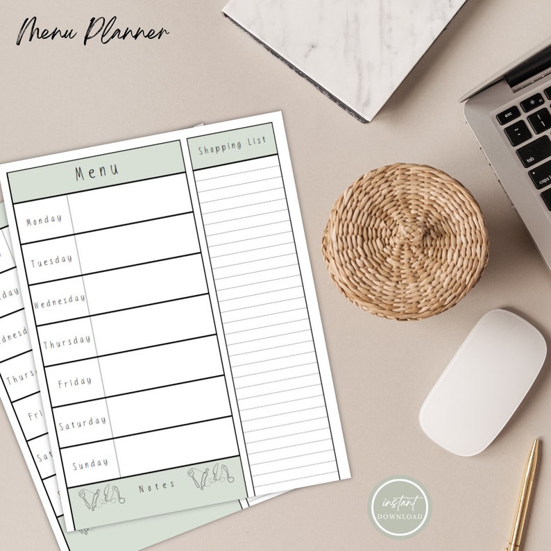 Printable Weekly Menu Planner in Green With Shopping List - Etsy Australia