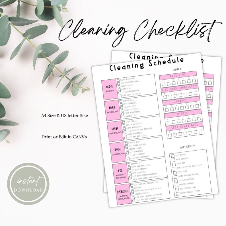 Printable Cleaning Schedule/checklist A4 and US Letter Sizes PDF ...