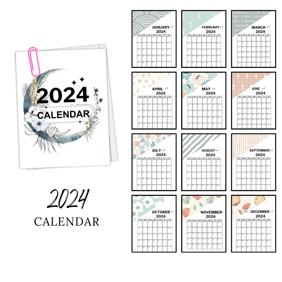 Printable Calendar 2024 Yearly Calendar A4 Digital Calendar PDF Sunday ...