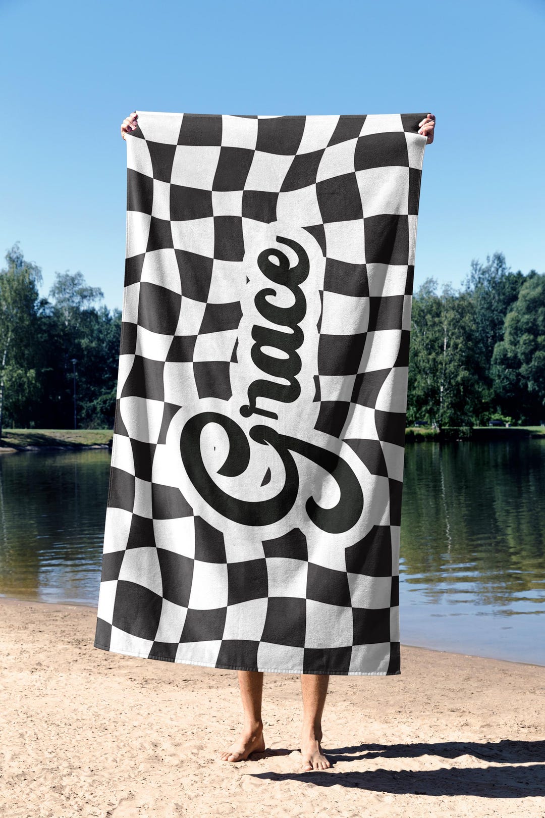 Personalized Checkered Beach Towel With Custom Name, Retro Summer Towel ...