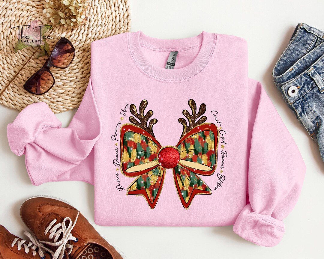 Christmas Reindeer Coquette Bow Sweatshirt, Christmas Retro Sweatshirt ...