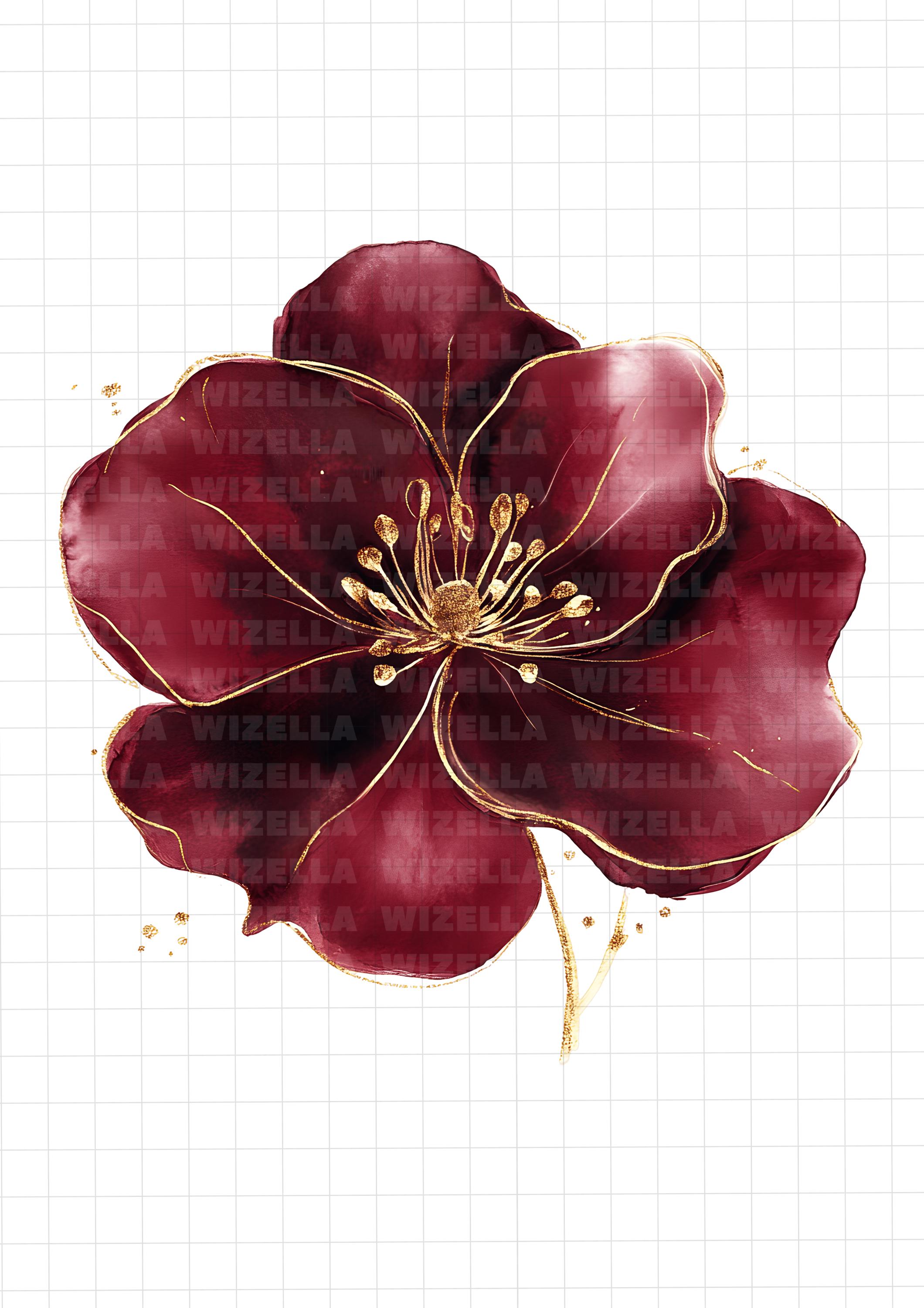 53 Burgundy and Gold Abstract Flowers Clipart, Watercolor Floral PNG ...