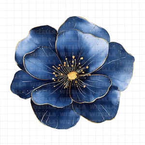 47 Blue and Gold Abstract Flowers Clipart, Watercolor Floral PNG, Boho ...