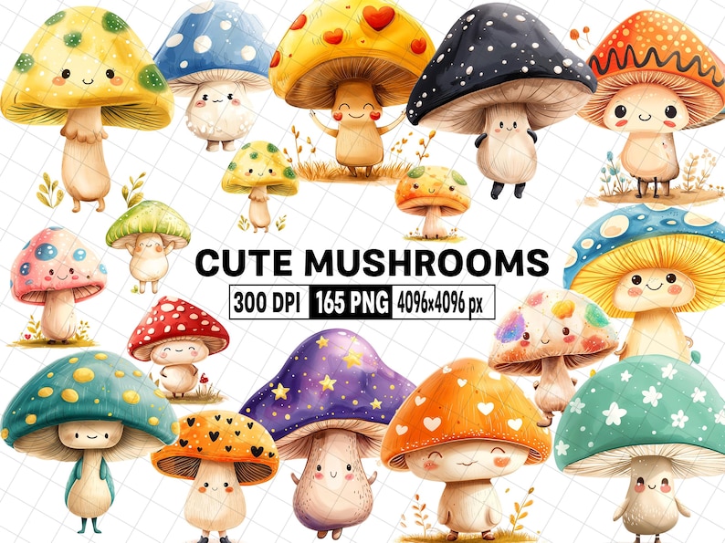 Cute Mushroom Clipart Kawaii & Funny Toadstool PNG 165 Digital Nature ...