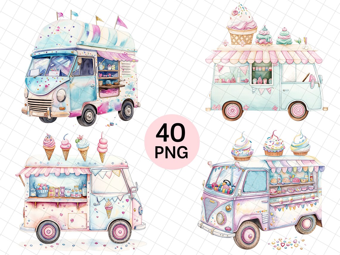 Ice Cream Truck Clipart Watercolor Ice Cream Van and Shop PNG 40 ...